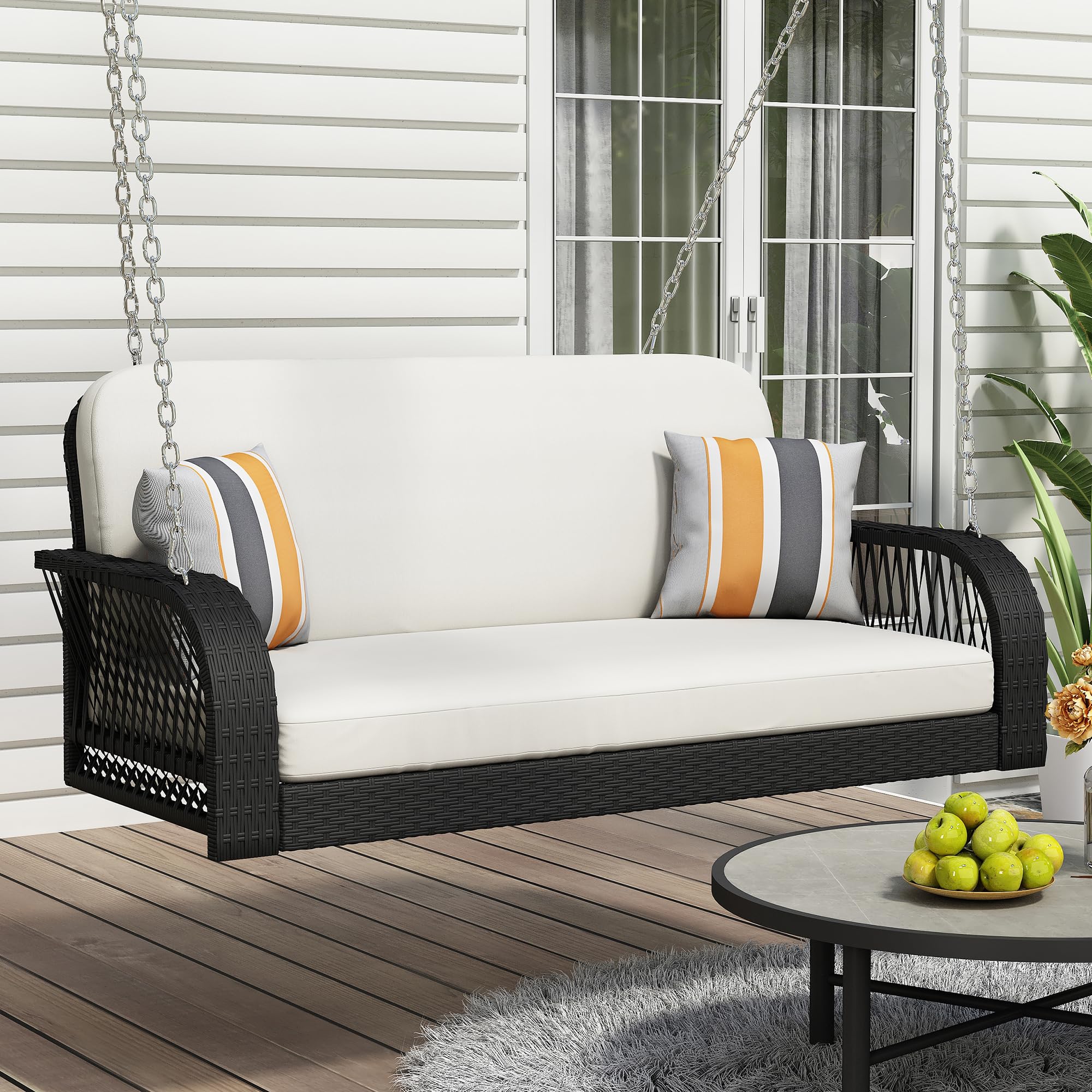 Merax Porch Swing Outdoor, 2 Person Wicker Hanging Bench with Cushion and Pillow, Patio Rattan Lounge for Backyard, Garden, Poolside, Beige