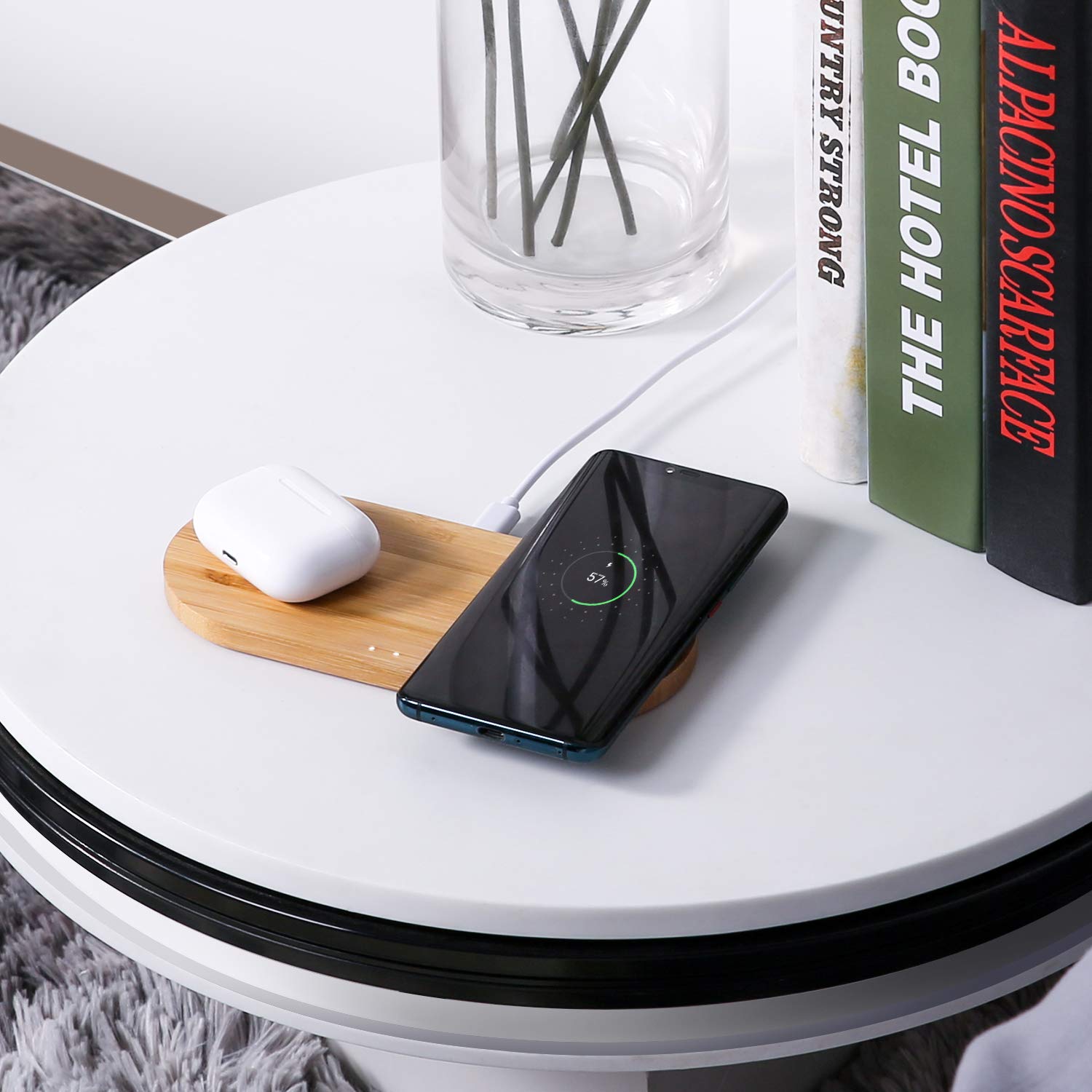 Veelink Bamboo Dual Wireless Charger, Double 10W Wireless Charging Pad Compatible iPhone SE 2020/11/Xs MAX/XR/XS/X/8/8, Samsung S20/S10/S9/S8/Note 20 (Adapter Included)