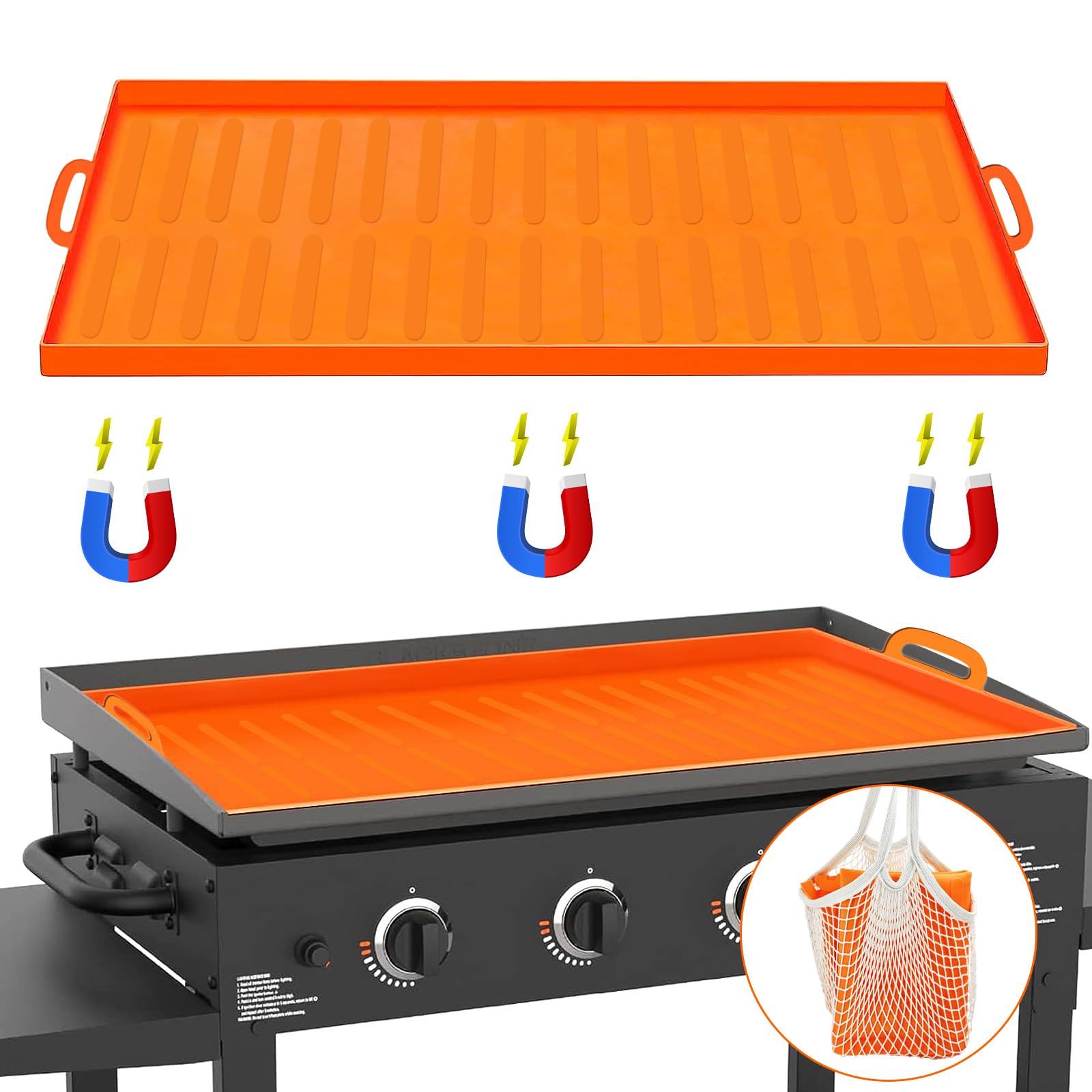 36" Silicone Griddle Mat for Blackstone Griddle, Magnetic Heavy Duty Food Grade Silicone Grill Mat with Handheld, All Season Protective Griddle Cover from Rodents, Insects, Debris, and Rust (Orange)