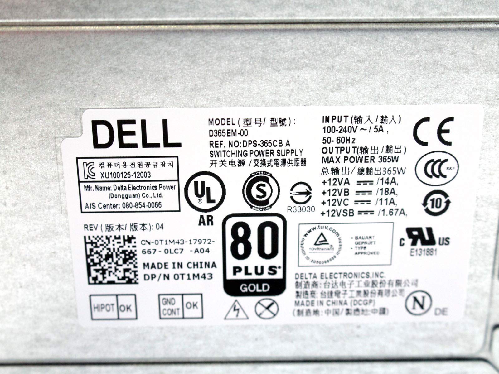 Optiplex XE2 T20 7VK45 100-240V~ 365W D365EM-00 Power Supply T1M43 0T1M43 by EbidDealz