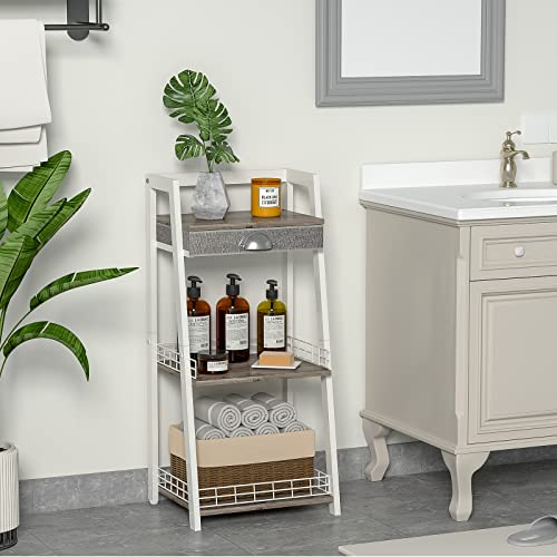 keomaisyto 3-Tier Bathroom Ladder Shelf, Floor Storage Shelf with Drawer, Freestanding Open Tower Shelving Unit for Bathroom Living Room Balcony(White)