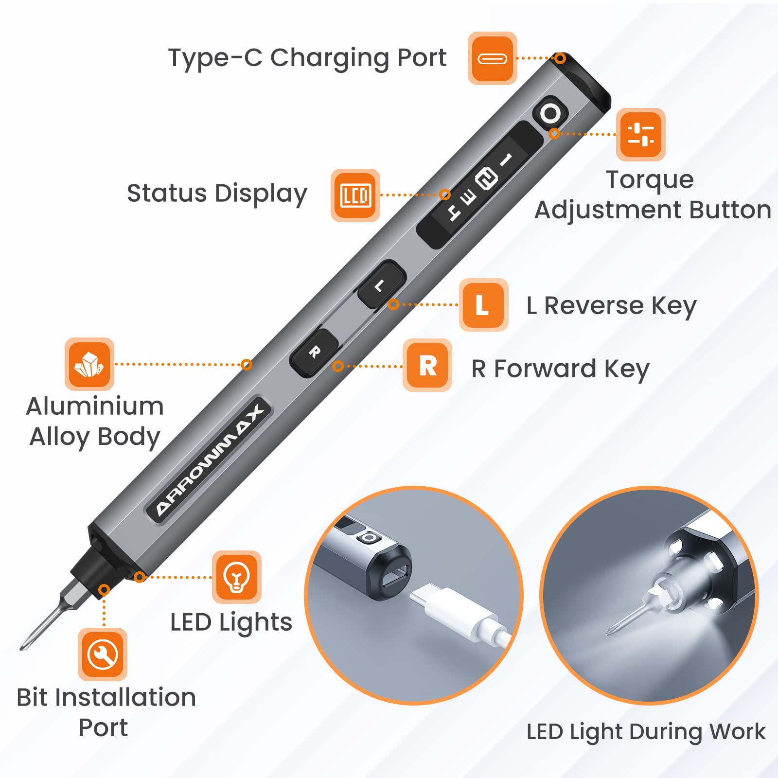 AM ARROWMAX Electric Screwdriver, Precision Screwdriver w/ 34 Magnetic Bits, 4 Torque Settings, Red Dot, IF Winning Design, Rechargeable Mini Cordless Power Screwdriver for Phone, Laptop, Camera, Gray