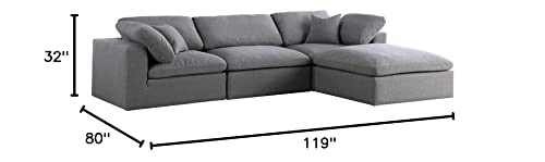 Meridian Furniture Serene Collection Modern | Contemporary Deluxe Comfort Modular Sectional, Soft Linen Textured Fabric, Down Cushions, 2 Corner + 1 Armless + 1 Ottoman, Grey