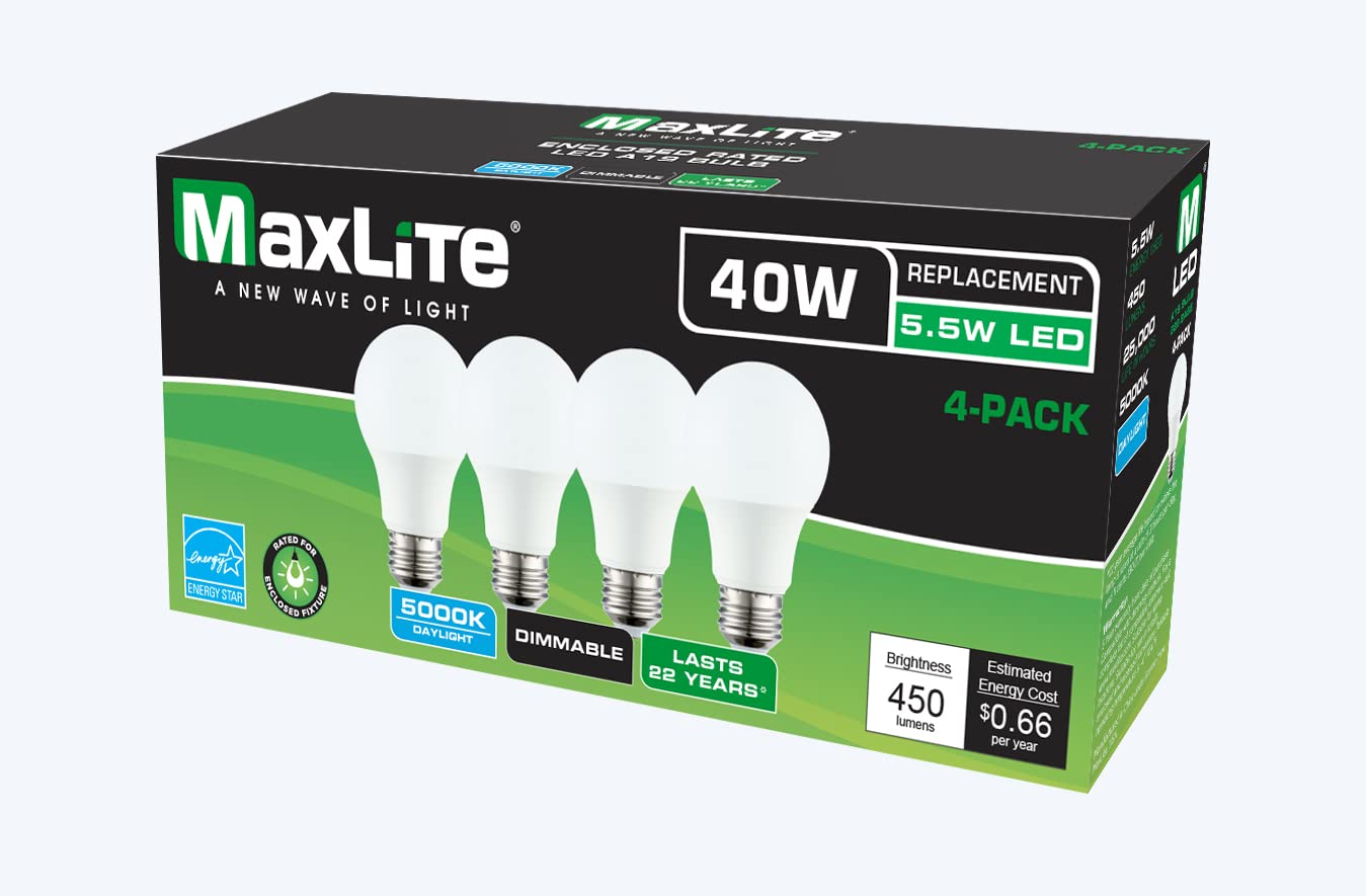 MaxLite LED Enclosed Rated Omnidirectional A-Lamp, 5.5W DIM LED A19 5000K 4 Pack, White (E5.5A19D50/4P/WS)