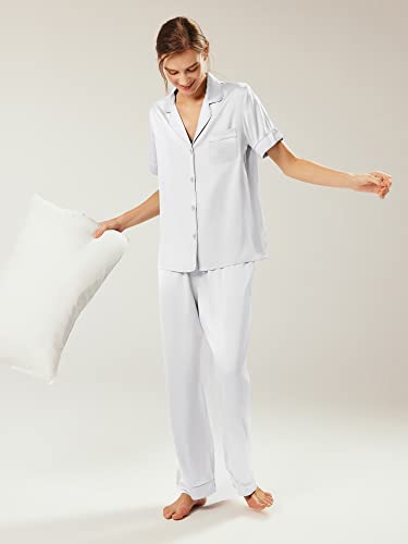 AW BRIDAL Womens Summer Pajamas Set Short Sleeve Silk Pajamas Button Up Pjs Bride Bridesmaid Pajama Set Gift, White M