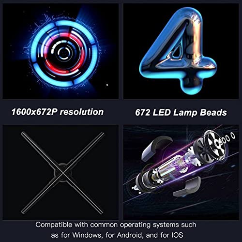 3D Holographic Advertising Machine 3D Holographic LED Fan 672 LEDs 4 Aspas Timed Game Remote Control Restaurant Software Operation (US Plug)