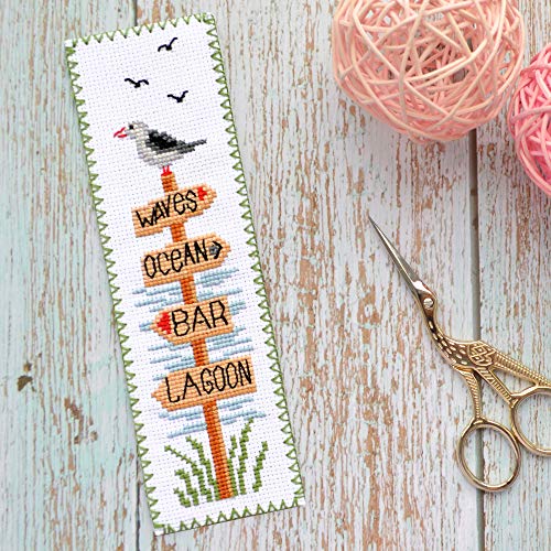 Beach Signs Cross Stitch Bookmark - Coastal Wood Signs Embroidery Set with Paper Pattern, 16 Count Aida Cloth and Pre-Sorted Floss
