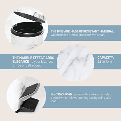 AWENN - Kitchen Garbage Trash Can with Lid and Pedal - Touchless Round Shape Waste Bin - Stainless Steel Dustbin with Removable Inner Bucket for and Outdoors β White (7.9 Gallon β 29 Liters)