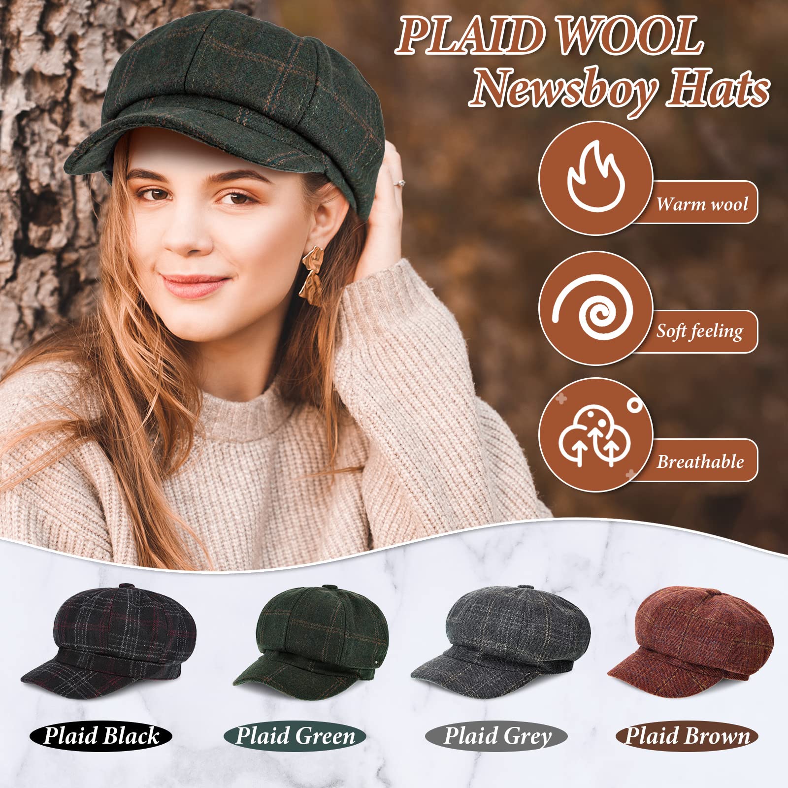 4 Pcs Women's Newsboy Hats Beret Cap All Match Girl's Cap Adjustable Octagonal Plaid Green Cap for Autumn Spring Winter