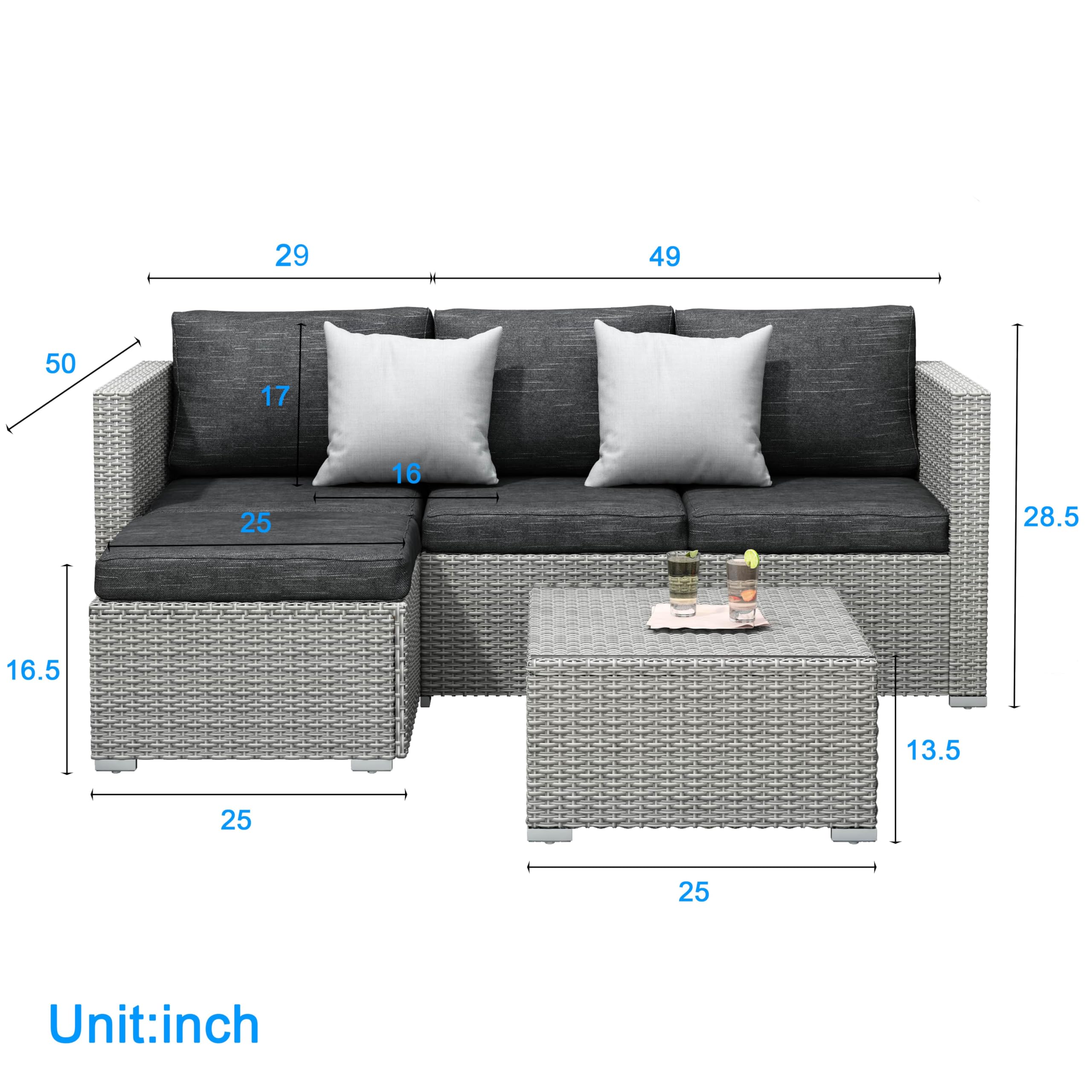 Patio Furniture Sectional Sofa Set – 3 Piece All Weather Resin Wicker Outdoor Conversation Set Black Washable Cushions & Coffee Table | Garden | Backyard | Pool | 2 Clips