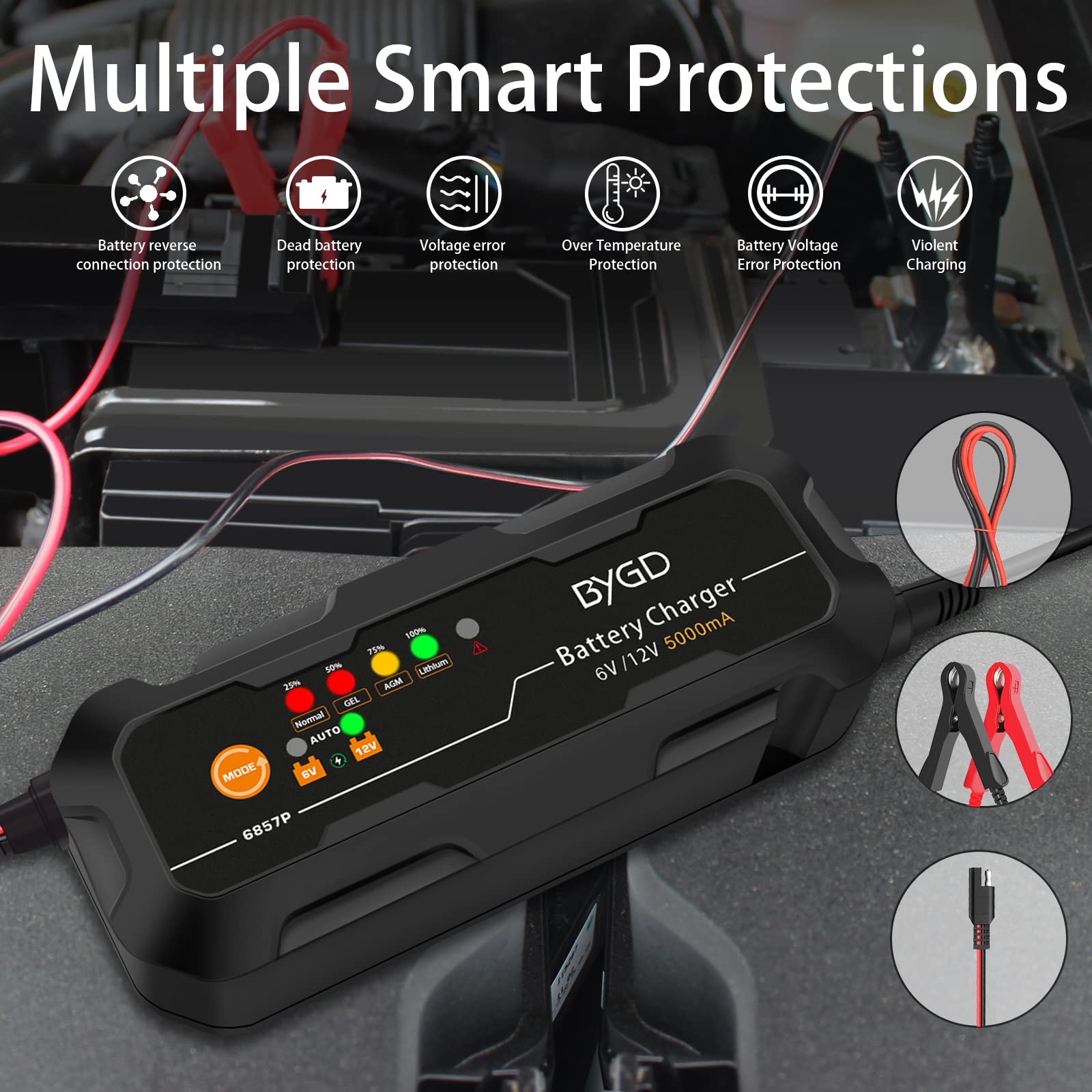 5-Amp Fully-Automatic Smart Battery Charger, 6V and 12V Portable Trickle Charger, Battery Maintainer, Lithium Battery Charger with Temperature Compensation for Car/Motorcycle/Lawn Mower/Boat