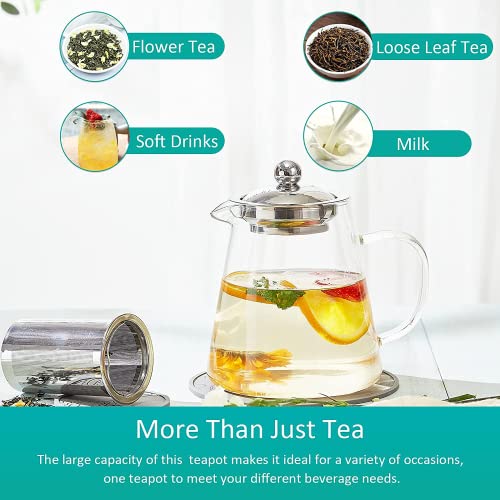 950ml/30oz Glass Teapot Kettle with Removable Stainless Steel Infuser & Matching Silicone Coasters, Stovetop & Microwave Safe Tea Pot for Loose Leaf Tea & Blooming Tea