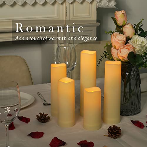 Amagic Flameless Candles Battery Operated Candles Flickering, Outdoor Waterproof LED Pillar Candles with Remote Control and Timer, D 2.2" x H 4" 5" 6" 7" 8" 9", Ivory, Plastic, Set of 9