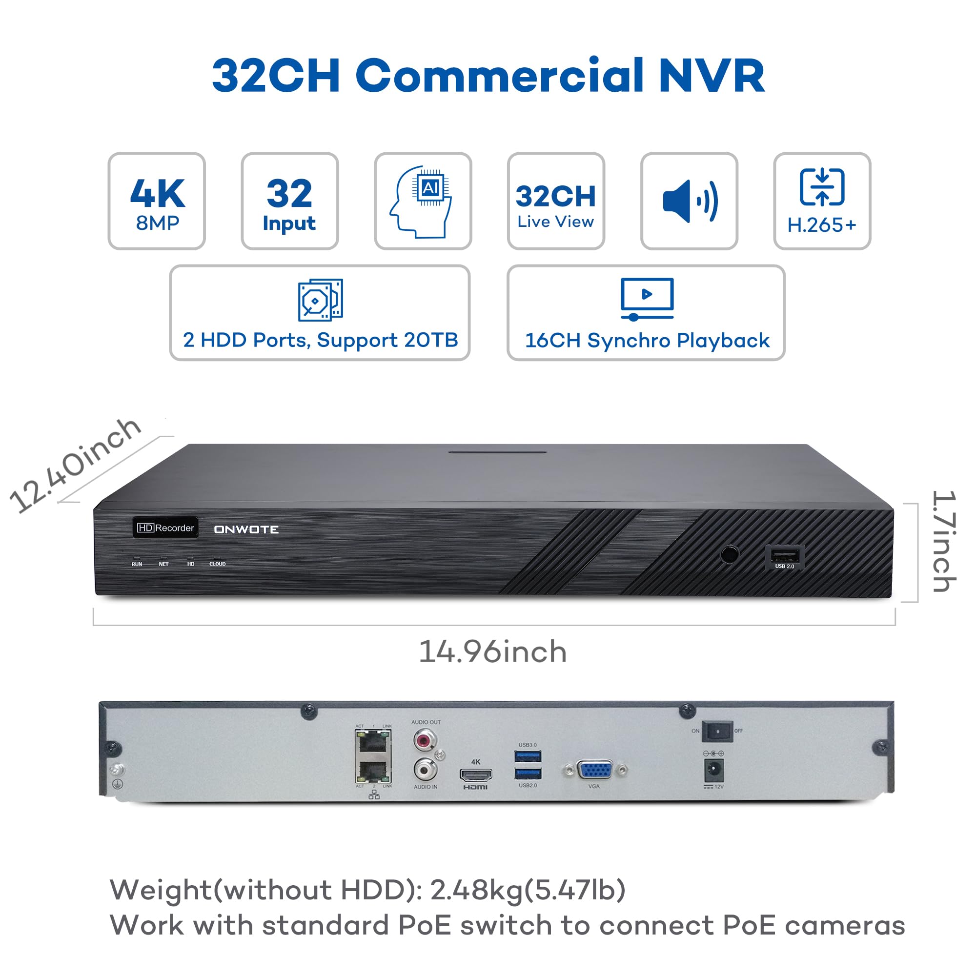 ONWOTE 4K 32 Channel NVR PoE IP Security Video Audio Recorder, Support 32CH Input 8MP/ 6MP/ 5MP, Multi-Mode Recording, NO Hard Drive, Work with PoE Switch, Support All ONWOTE PoE Camera