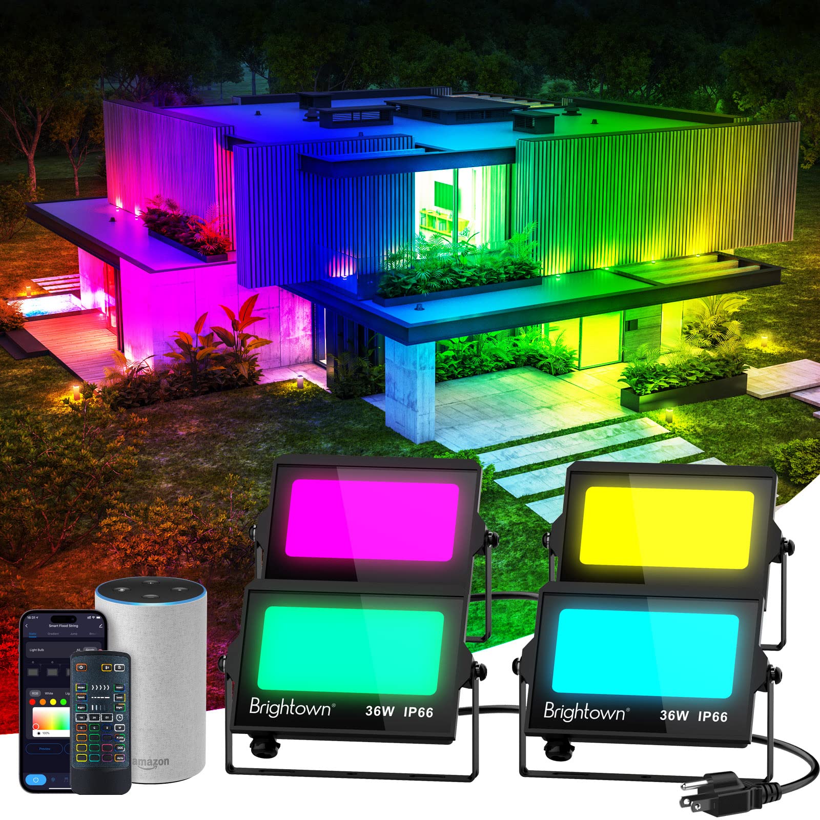 4 Pack RGB Led Flood Lights Outdoor 6000LM Smart Color Changing Landscape Lights with Bluetooth APP Control Timing WiFi, DIY Scenes, IP66 Floodlights for Event Halloween Party Lights