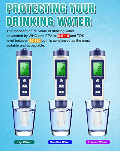 5 in 1 TDS Meter, Pool Salt Tester, 0.01 High Accuracy Digital PH Meter for Water, PH/TDS/EC/Salt/Temp Tester, PPM Meter Water Tester for Drinking Water, Hydroponics, Plants, Aquarium and Pool