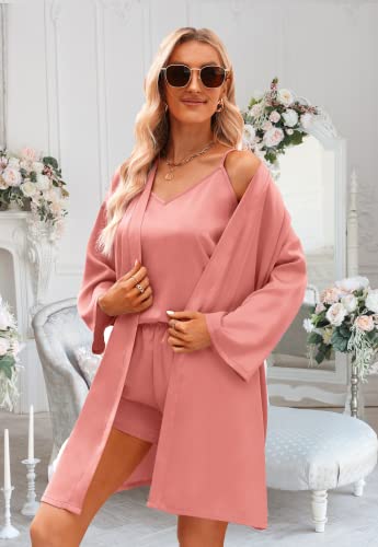 Aokosor Womens 3 Piece Silk Satin Pajamas Sets with Robe Baby Pink Loungewear Birthday Party Outfits L
