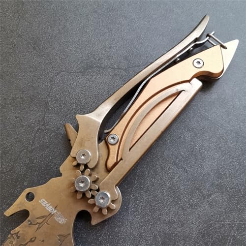 58HRC Fixed Blade Knife with Sheath, Full Stainless Steel Hunting Knife with Special Pattern Blade, Camping Hiking Survival Use (gold)