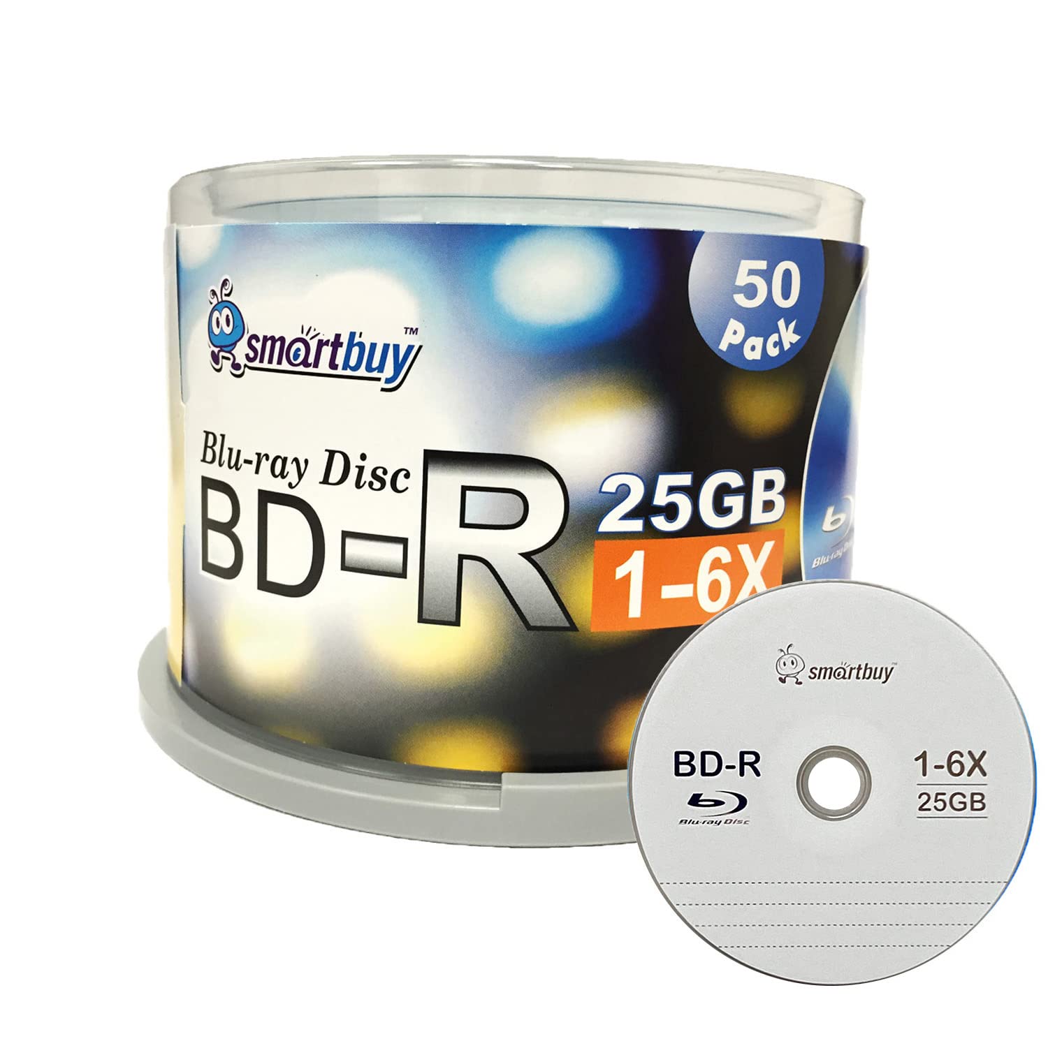Smartbuy 50-disc 25gb 6X Bd-r BDR Blu-ray Single Layer Logo Top Surface Blank Data Recordable Media Disc with Cakebox/Spindle Packing