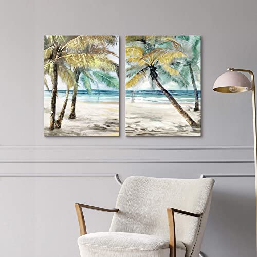 Beach Palm Trees Wall Art: Abstract Coastal Picture Tropical Ocean Scene Artwork Seascape Painting Print on Canvas for Modern Living Room Bathroom Office