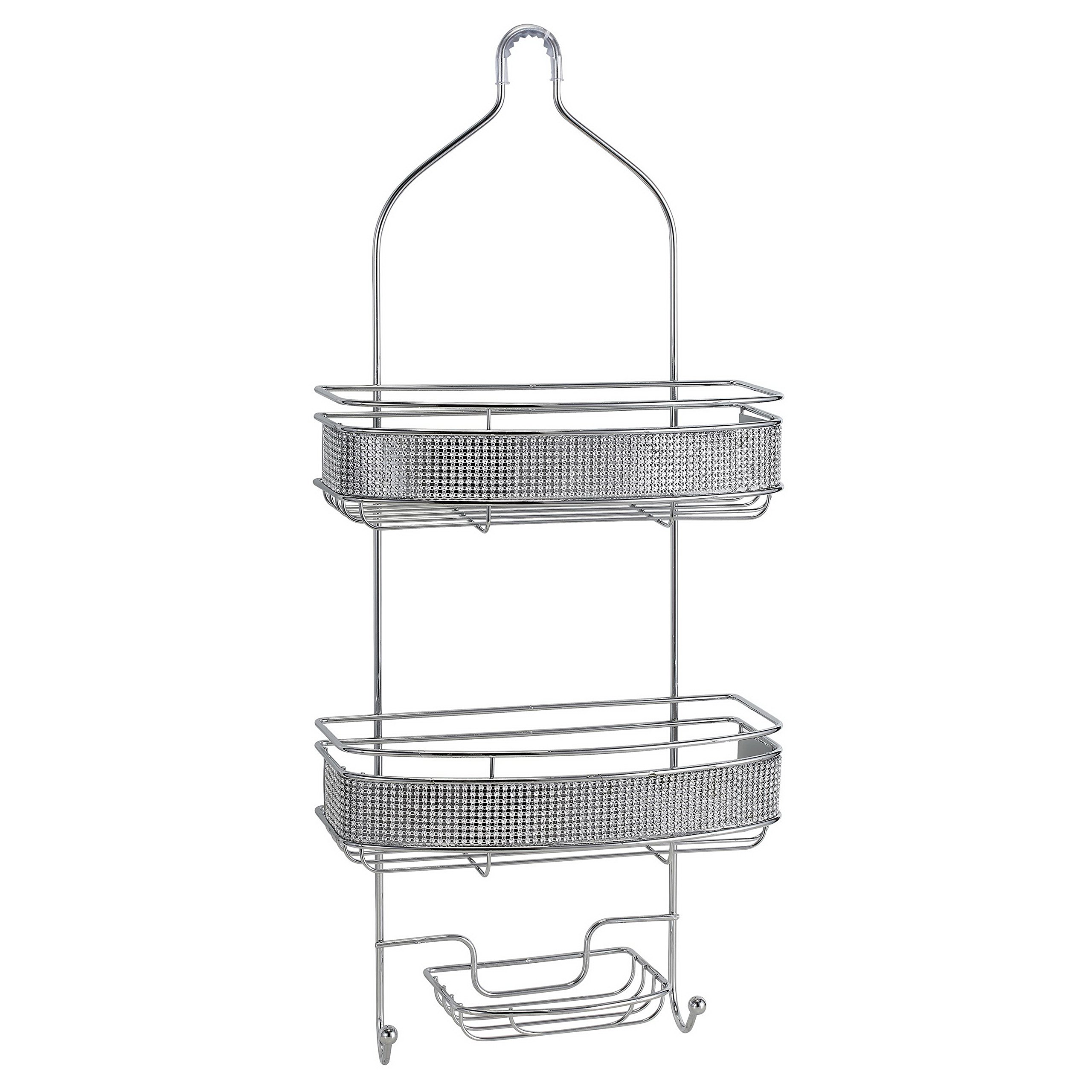 Bath Bliss 4973-CHR 3 Tier Pave Diamond Design Caddy, Over The Shower Head, Rust Proof, Bathroom Organizer with Hooks for Sponge, Shampoo Holder, Chrome