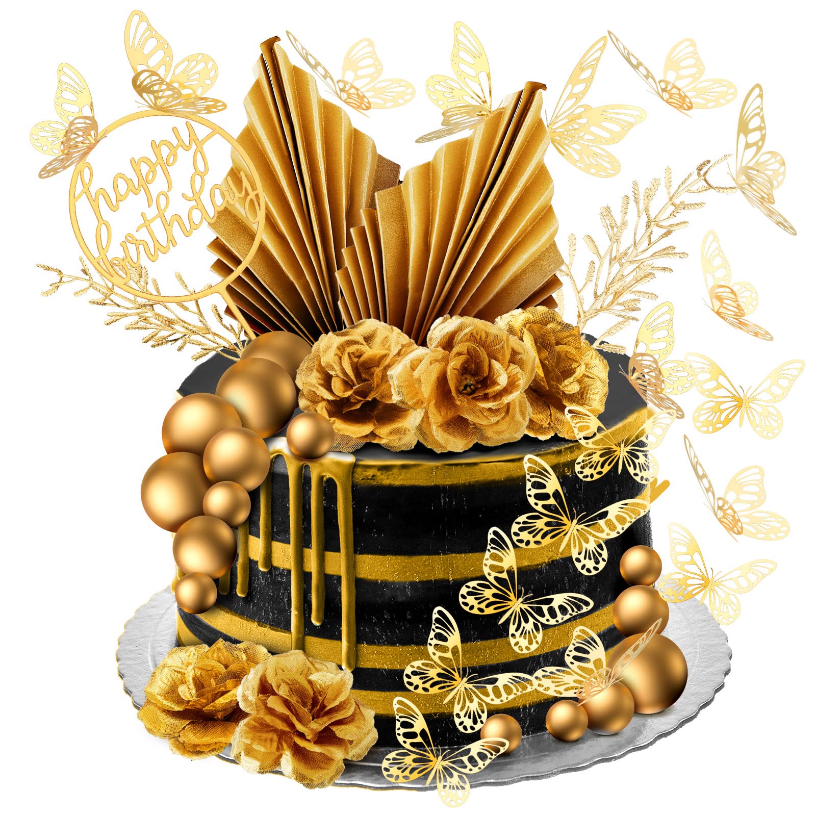 52 Pcs Flower Toppers for Cake Gold Balls Decorations Boho Topper Butterfly Birthday Wedding Baby Shower Party Decoration(Gold)