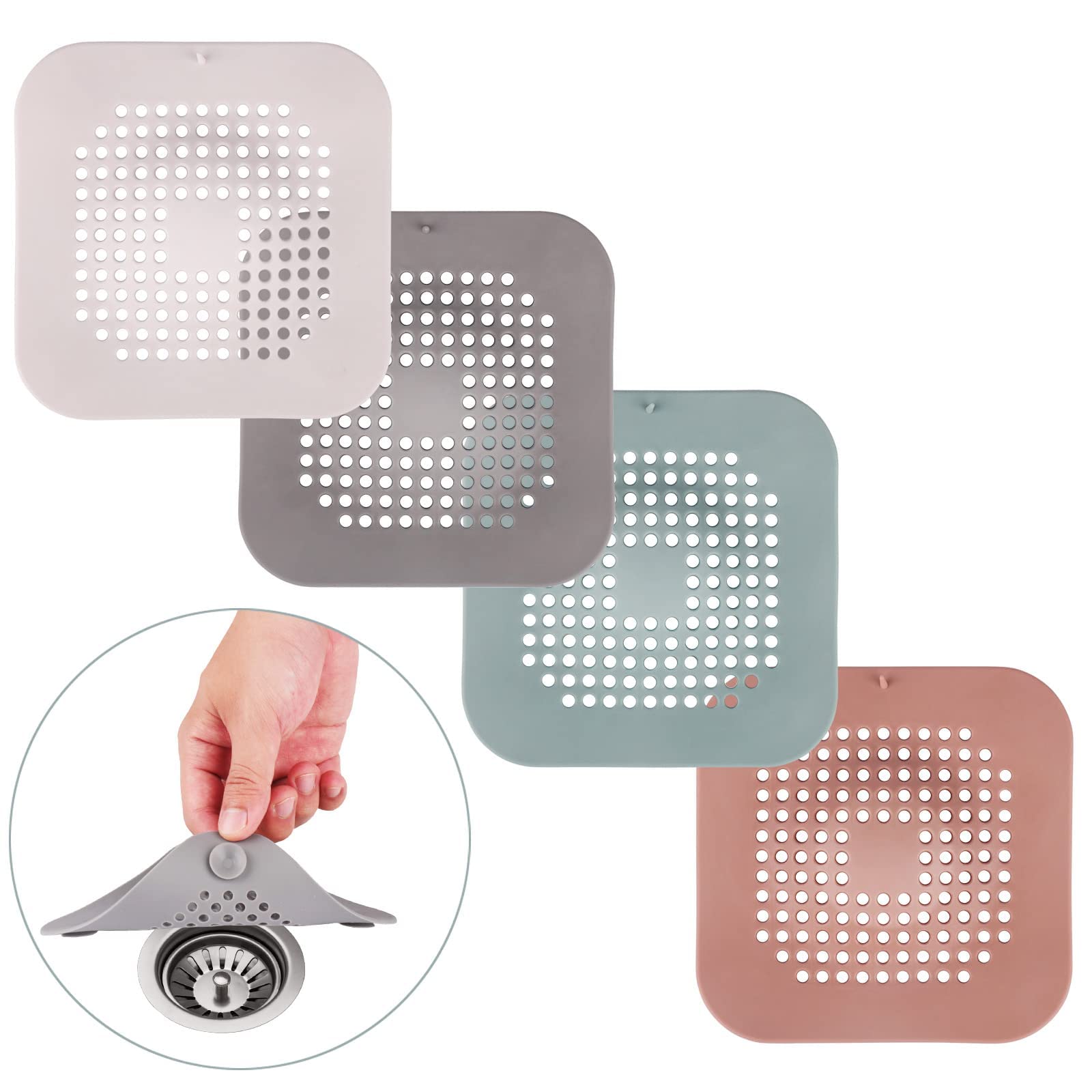 4 Pack Shower Drain Hair Catcher, Convex Silicone Hair Stopper for Shower Drain with Suction Cup, Square Bathtub Drain Cover for Bathroom, Bathtub, Kitchen