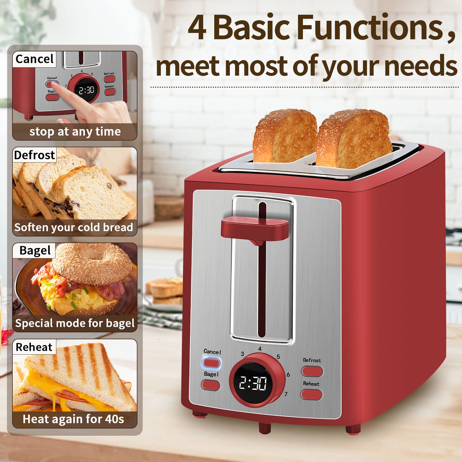 SEEDEEM Toaster 2 Slice, Bread Toaster with LCD Display, 7 Shade Settings, 1.4'' Variable Extra Wide Slots Toaster with Cancel, Bagel, Defrost, Reheat Functions, Removable Crumb Tray, 900W, Retro Red