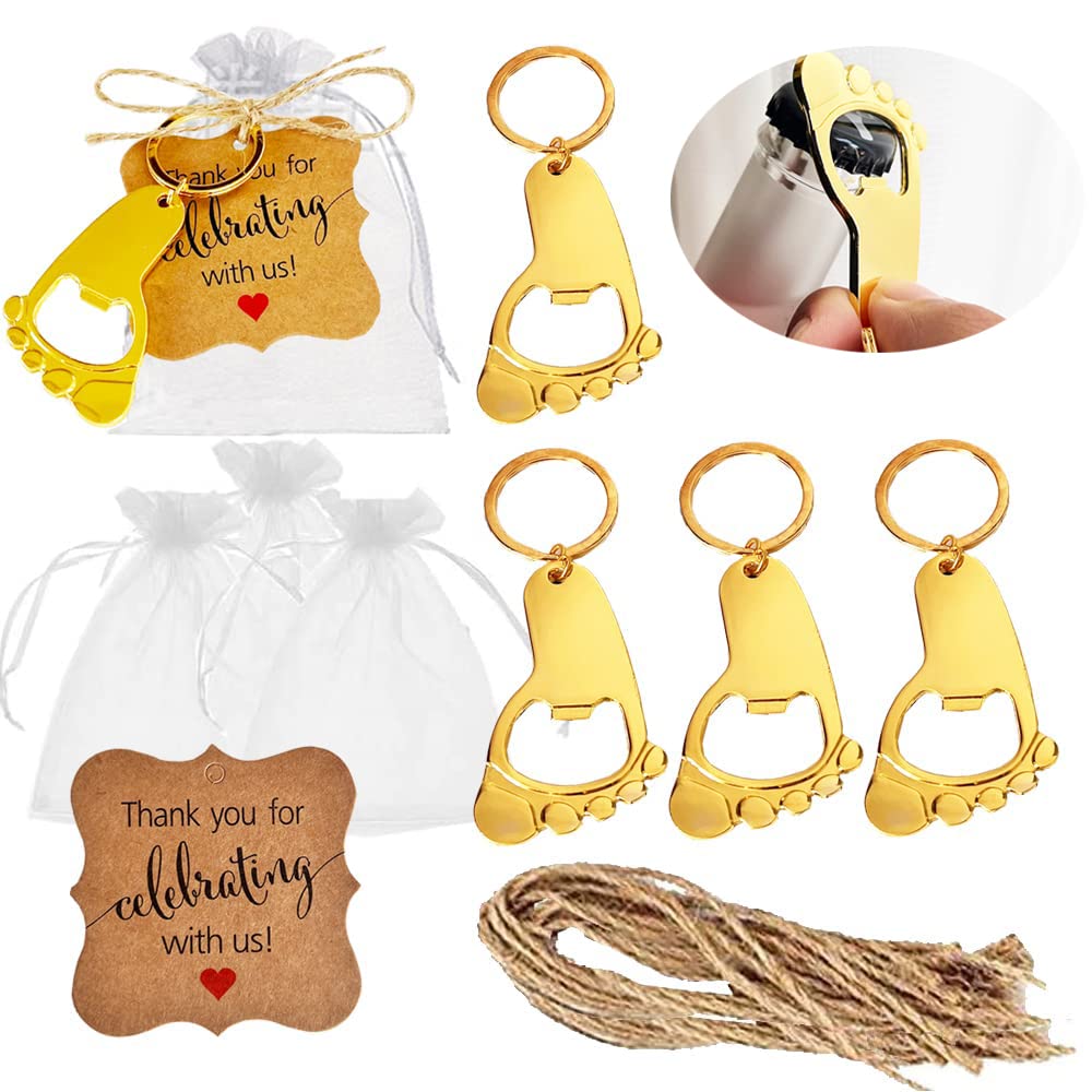 Amajoy 30 Pieces Footprint Keychain Bottle Opener Baby Shower Favors for Guest Baby Shower Prizes Birthday Party Favors Gifts Bottle Opener Souvenirs with Organza Bags Thank Tags and Twine (Gold)