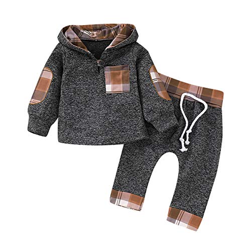 VOLUOVO Baby Boy Clothes Newborn Boy Outfits Infant Clothing Plaid Pocket Hooded Sweatshirt Long Pants Toddler Clothe(GreyOrange/90)