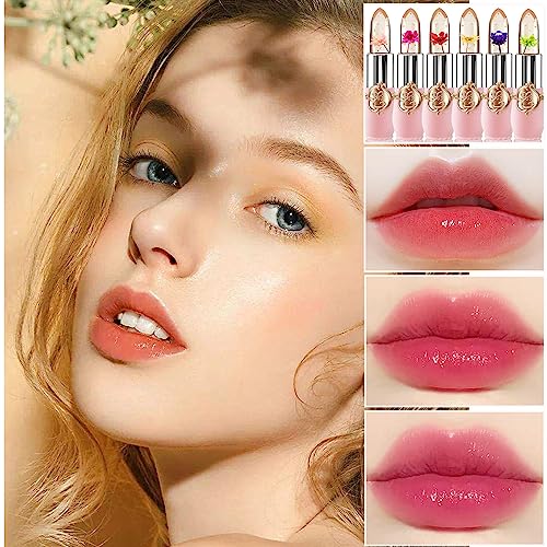 2PCS Crystal Flower Jelly Lipstick, Magic PH Temperature Color Changing Lip Gloss, Long Lasting Nutritious Moisturizing Lip Balm, Clear Color Changing Lipstick with Flower Inside