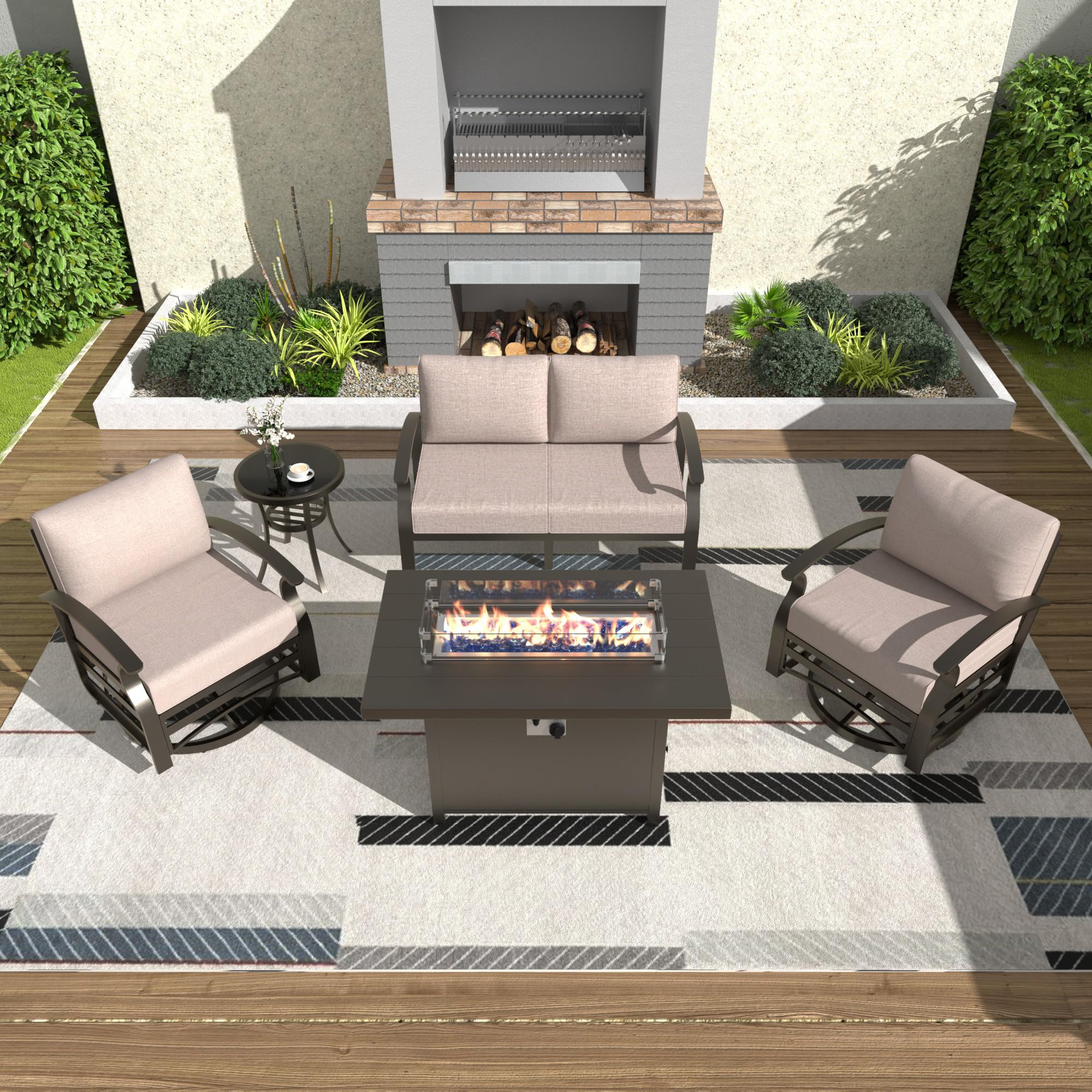 Piltwoff Aluminum Patio Furniture Set with Swivel Chairs,4-Seat Modern Outdoor Sectional Sofa w/45in 55000BTU Fire Pit Table and 5.1 Inch Cushion,Patio Conversation Sets w/Coffee Table,Sand