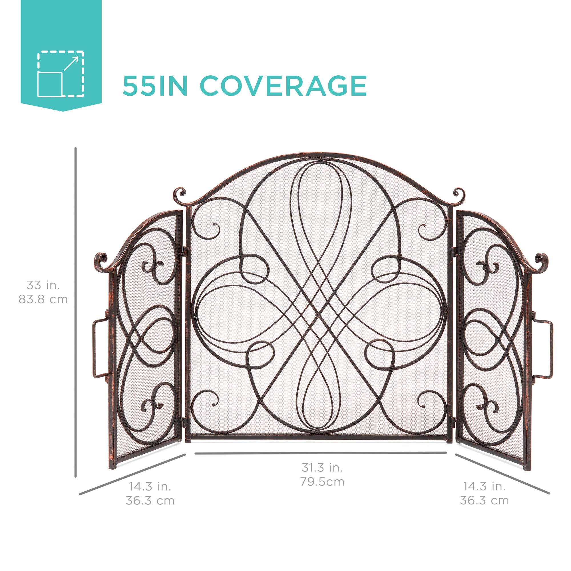 Best Choice Products 3-Panel 55x33in Solid Wrought Iron See-Through Metal Fireplace Screen, Spark Guard Safety Protector w/Decorative Scroll - Copper