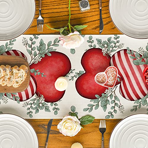 Artoid Mode Eucalyptus Hearts Mother's Day Table Runner, Holiday Kitchen Dining Table Decoration for Home Party Indoor 13x72 Inch