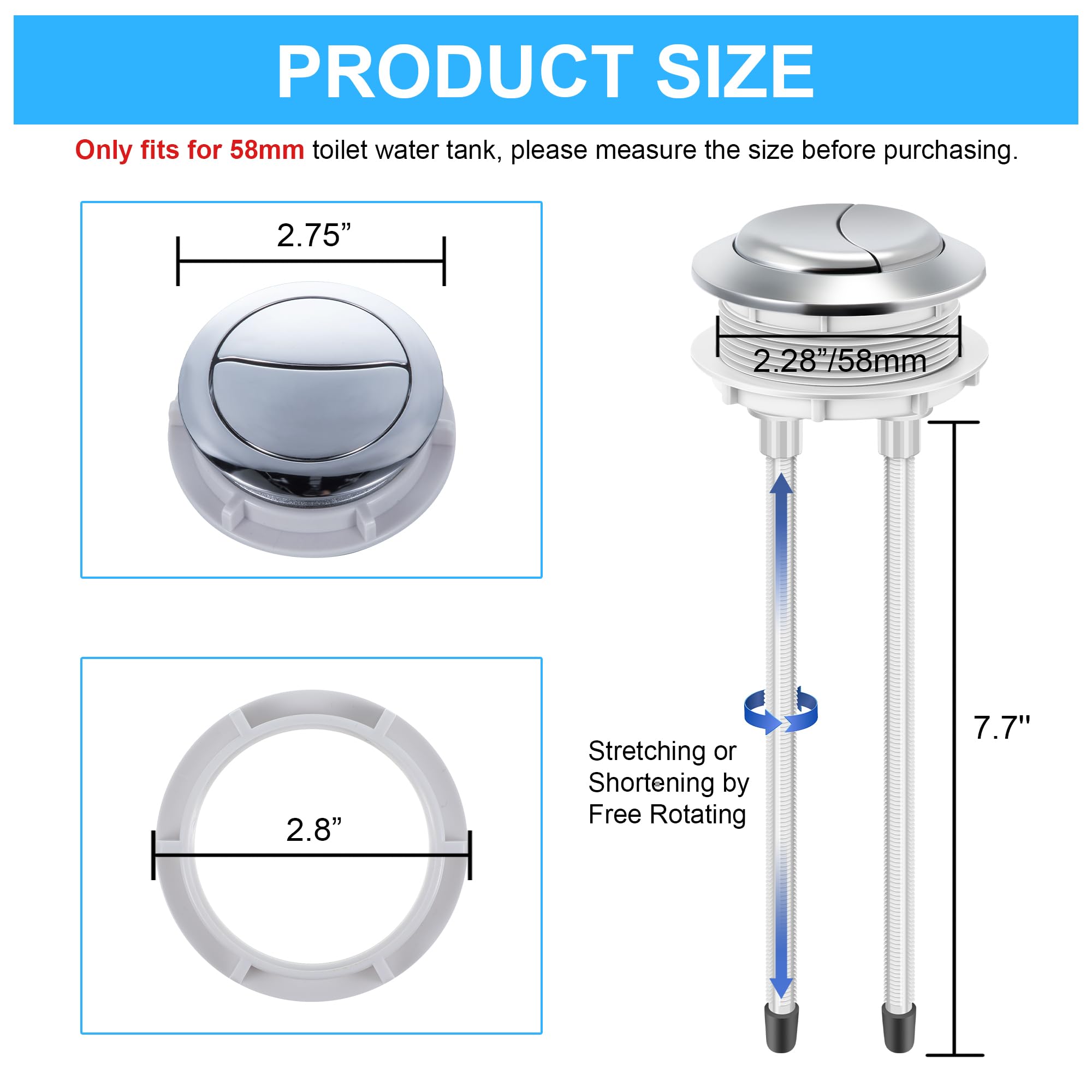 58mm Toilet Tank Buttons, 2 Pack Flush Valve Dual Push Button Replacement Adjustable, Compatible with Glacier Bay Aquasource TOTO, American Standard, KOHLER, Twfords, Armitage Shanks, Geberit