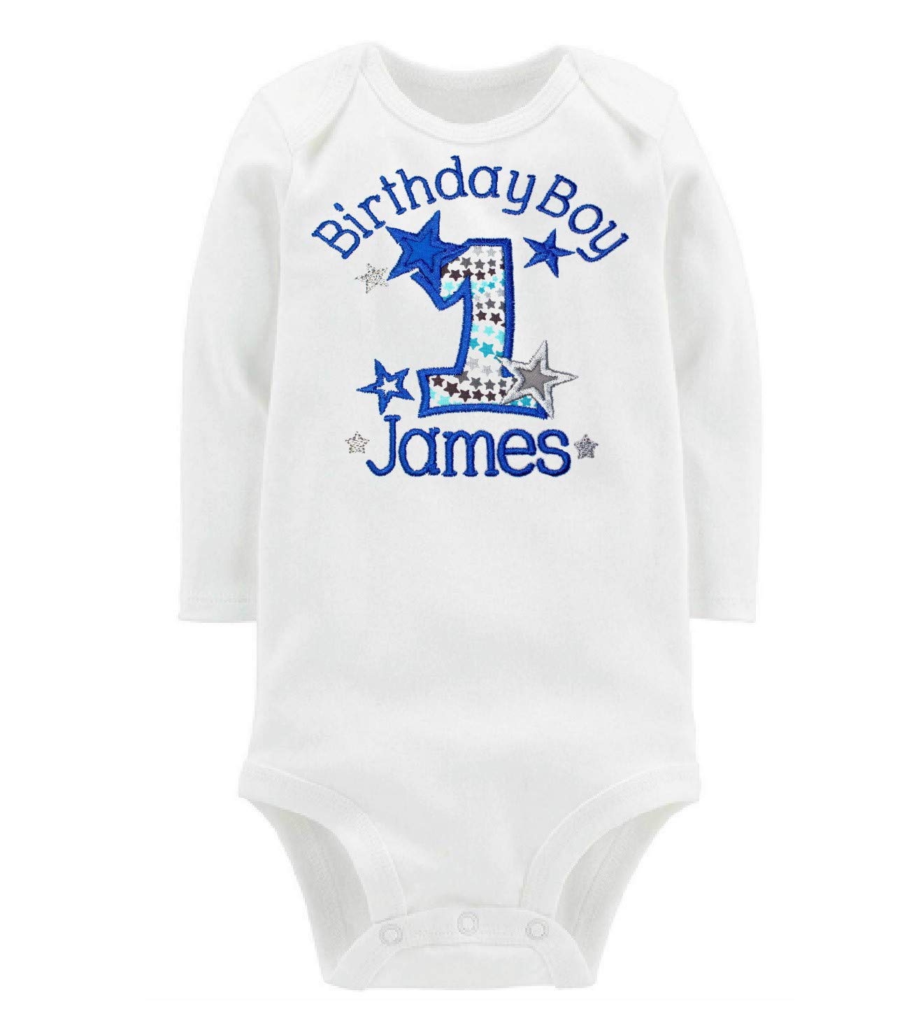 Fantasy Kids Designs First Birthday Boy Outfit Bodysuit Personalized with Custom Name (12 Months Short Sleeve, Royal Blue)