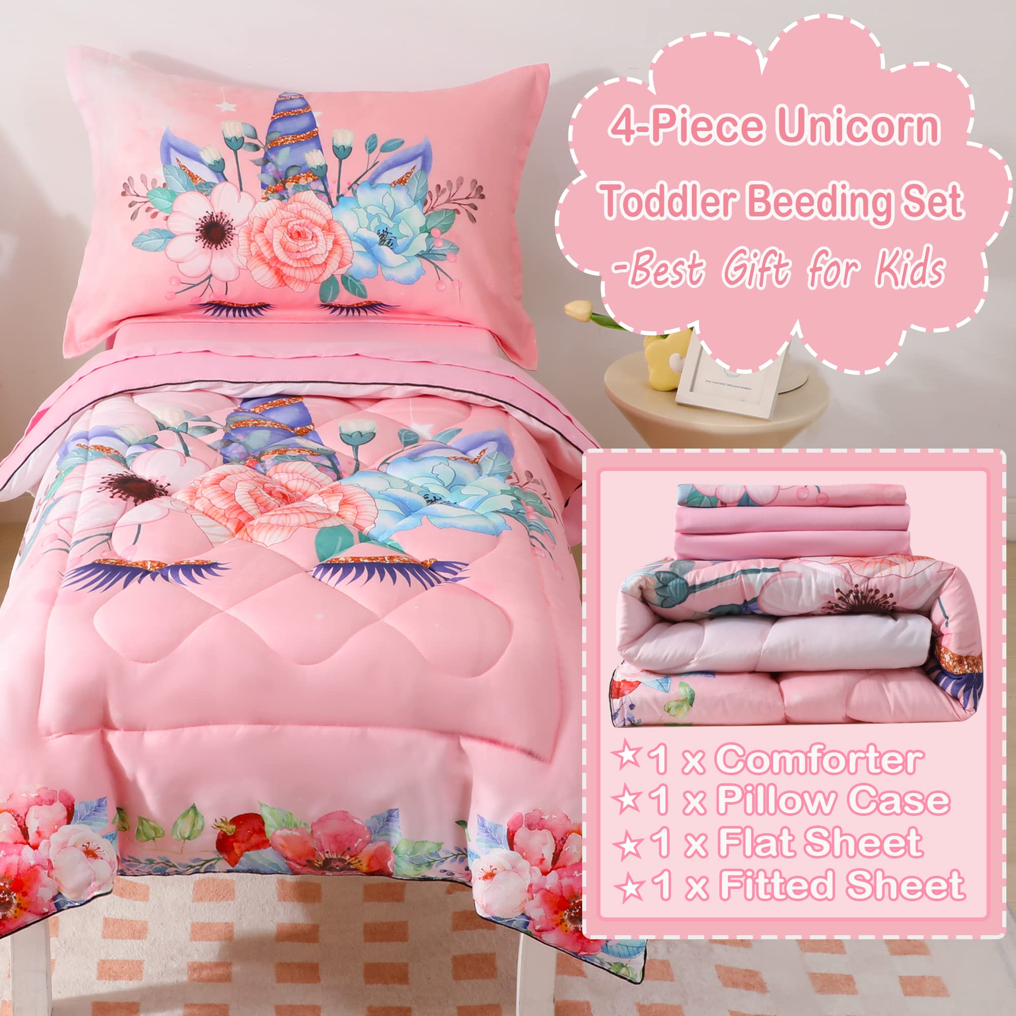 4 Piece Toddler Bedding Set for Boys Girls Outer Space Blue Rocket Planet Stars Toddler Comforter Set for Kids Bed-in-a-Bag Bedspreads Quilt Set with Comforter, Flat Sheet, Fitted Sheet, Pillowcase