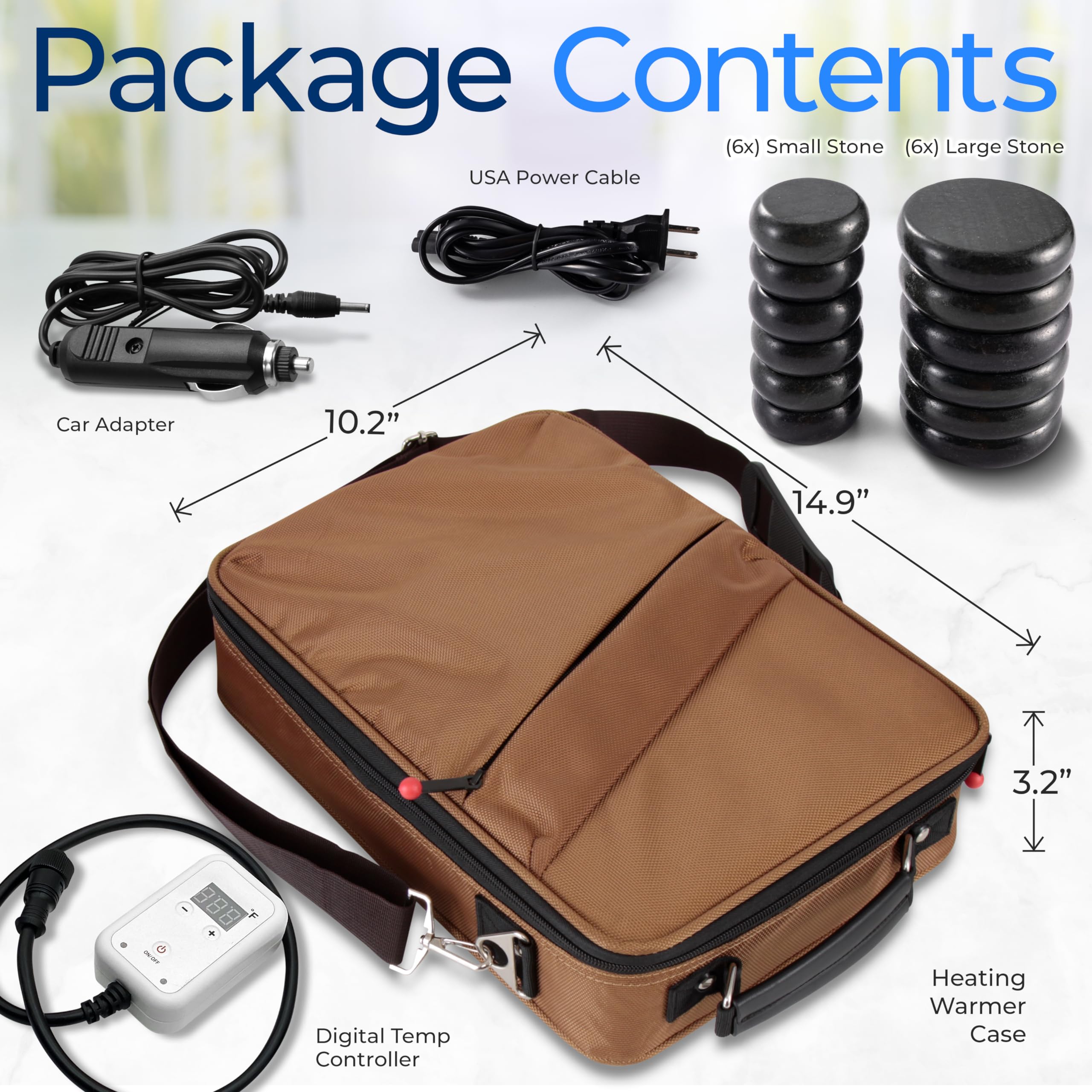 SereneLife Portable Massage Stone Warmer Set - Electric Spa Hot Stones Massager and Heater Kit with 6 Large and 6 Small Round Shaped Basalt Massaging Rocks, Digital Controller Heating Bag