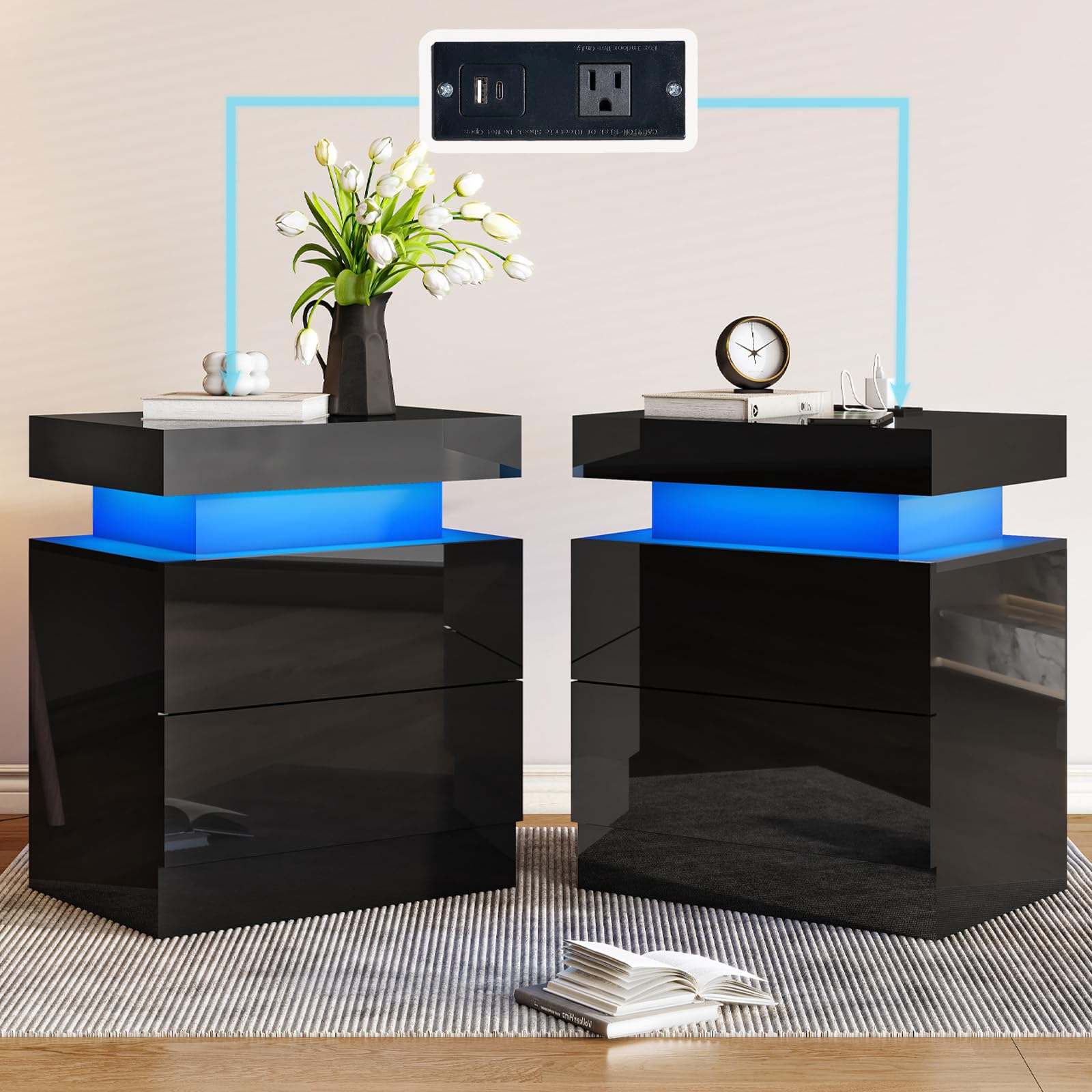 AMERLIFE High Gloss LED Nightstand Set of 2 with Charging Station, Modern Bedside Table Night Stand with LED Lights, Sofa End Side Tables with Drawers for Bedroom, Black