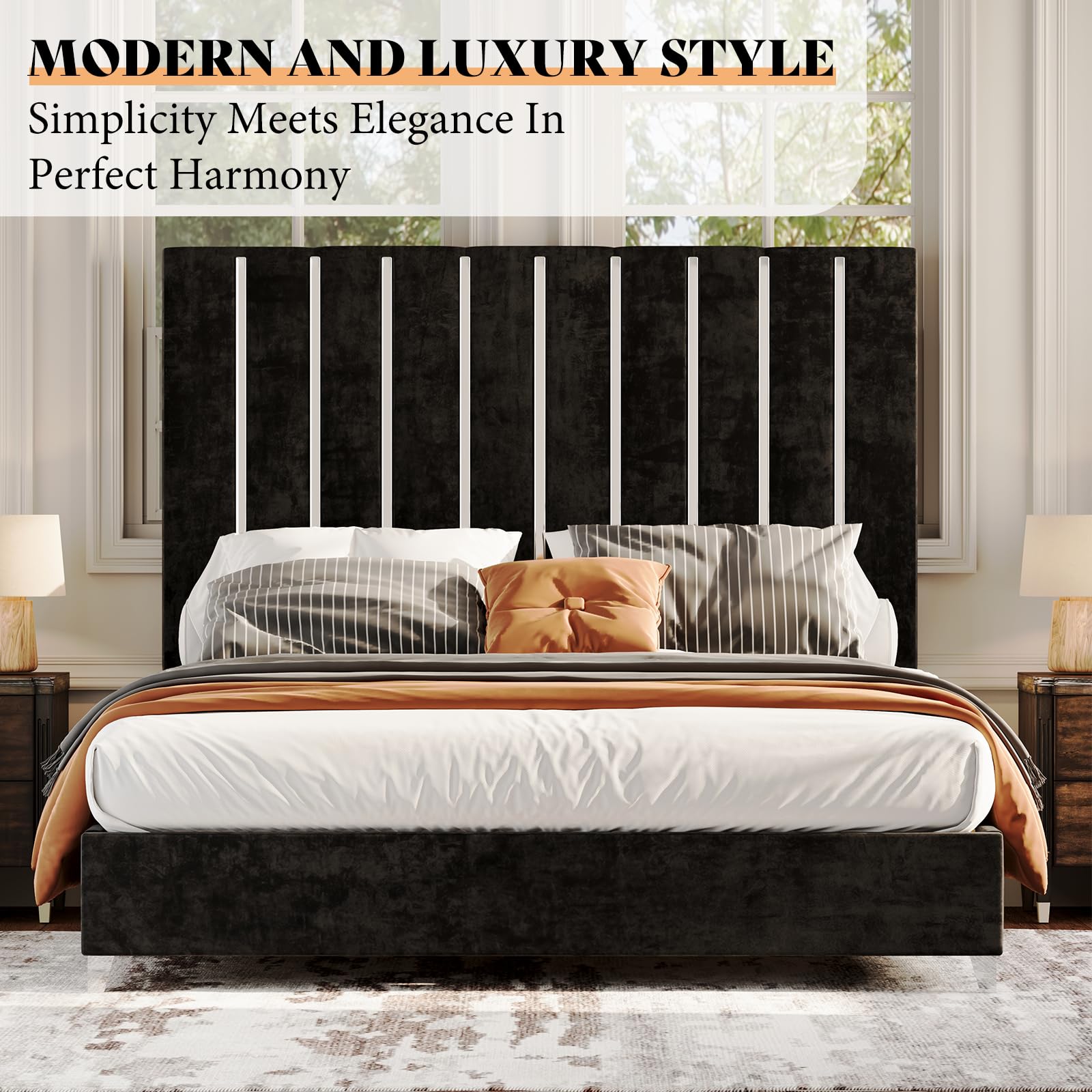 AMERLIFE King Bed Frame with 58" Tall Headboard, Silver Mirror-Plated Trim Platform Bed with Velvet Upholstered, Modern and Luxury Bed, No Box Spring Needed, Black