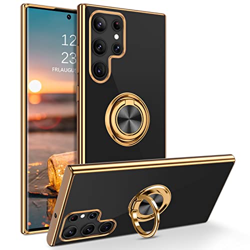 BENTOBEN Samsung S22 Ultra Case, 360° Ring Holder Kickstand Support Car Mount Elegant Plating Edge Slim Shockproof Soft TPU Protective Phone Cover for Samsung Galaxy S22 Ultra 6.8" 2022, Black/Gold