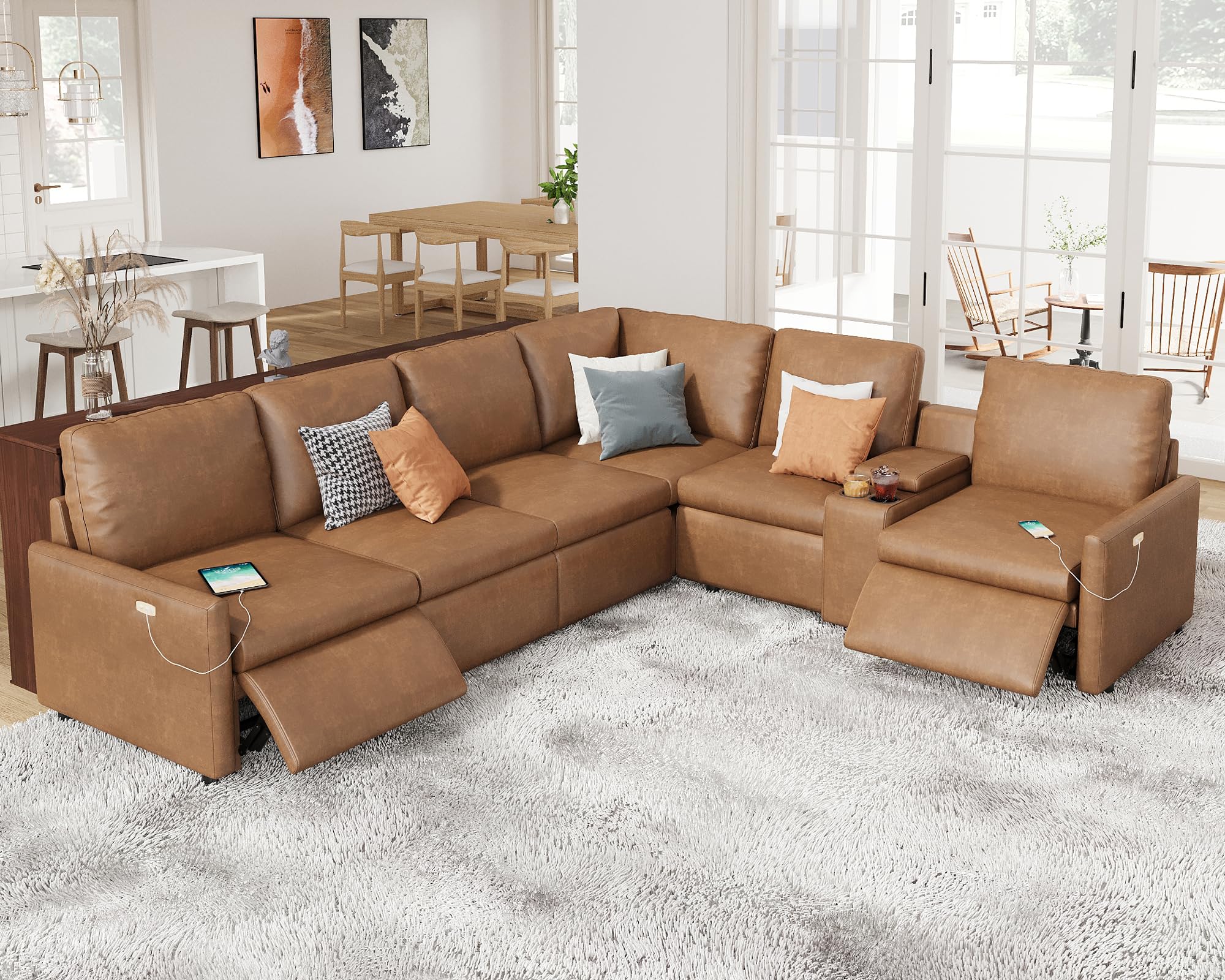 AMERLIFE Power Recliner, Reclining Sectional Couch with Console & Dual Recliner, 6 Seats Leather Modular Sofa with Cup Holder& Charging Socket, L Shaped Couch for Living Room