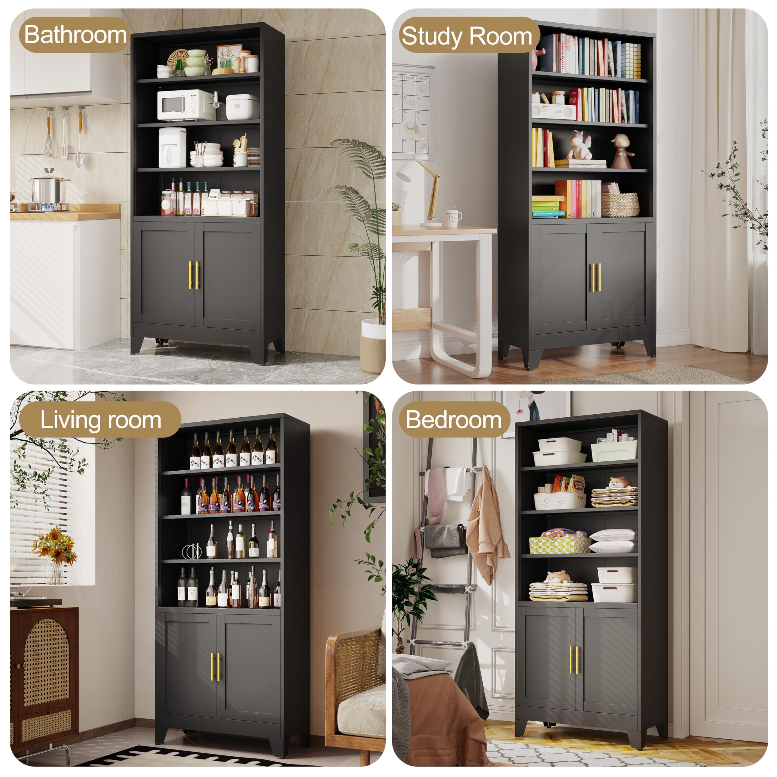 71"H Metal Bookcases and Bookshelves with 2 Doors and Adjustable Shelves,Tall Storage Cabinet Industrial Bookshelf 6-Tier Open Display Shelf,Decor Furniture for Home, Office, Living Room, Bedroom