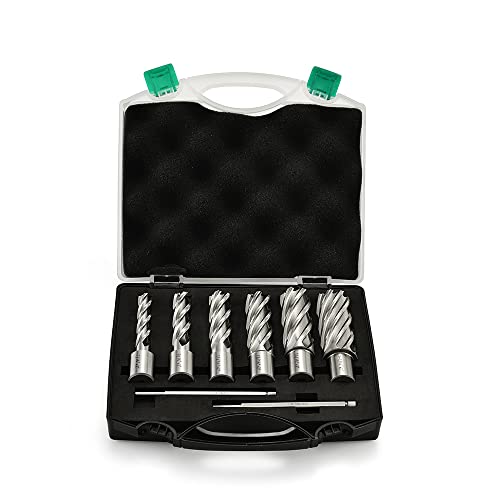 Annular Cutters Set 6pcs JESTUOUS 3/4 Inch Weldon Shank 2 Cutting Depth 7/16 to 1-1/16 Cutting Diameter HSS Slugger Bits for Magnetic Drill Press with 2 Pilot Pins