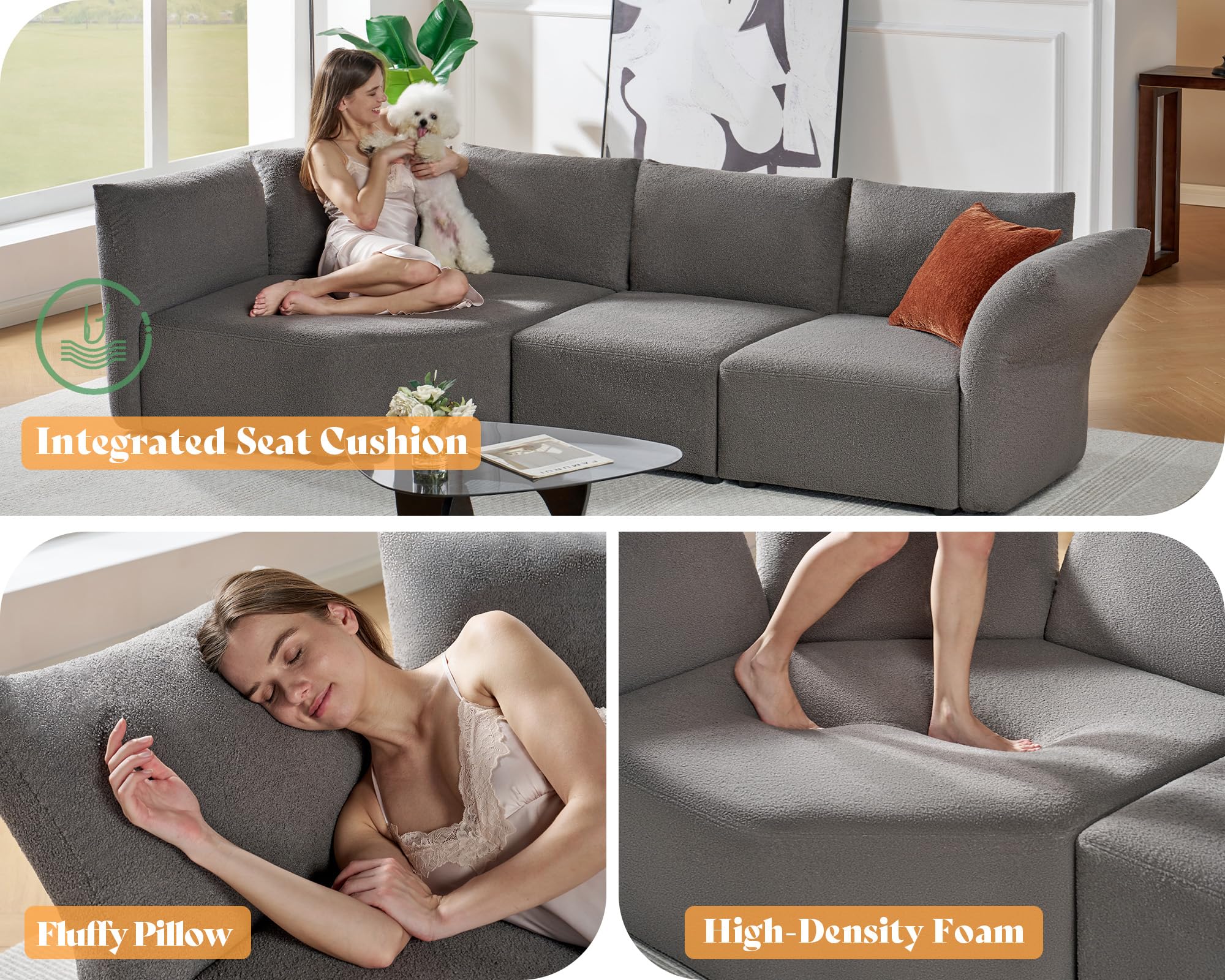 AMERLIFE Sectional Sofa, 3 Seats Comfy Sofa with Adjustable Arm and Backrest, 118 Inch Oversized Sectional Couches for Living Room, Black Bouclé