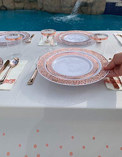 Resonating Designs Rose Gold Confetti Table Covers - Pack of 5 Plastic Rectangle Kitchen and Picnic Tablecloths - Party Decorations for Birthday, Graduation, Wedding Parties - 54 x 108 Inch