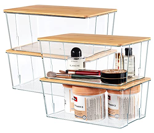 Hudgan Clear Storage Bins with Bamboo Lids, Medicine Cabinet Organizer Stackable Storage Containers with Lids for Pantry Organizers and Storage - 4 Pack