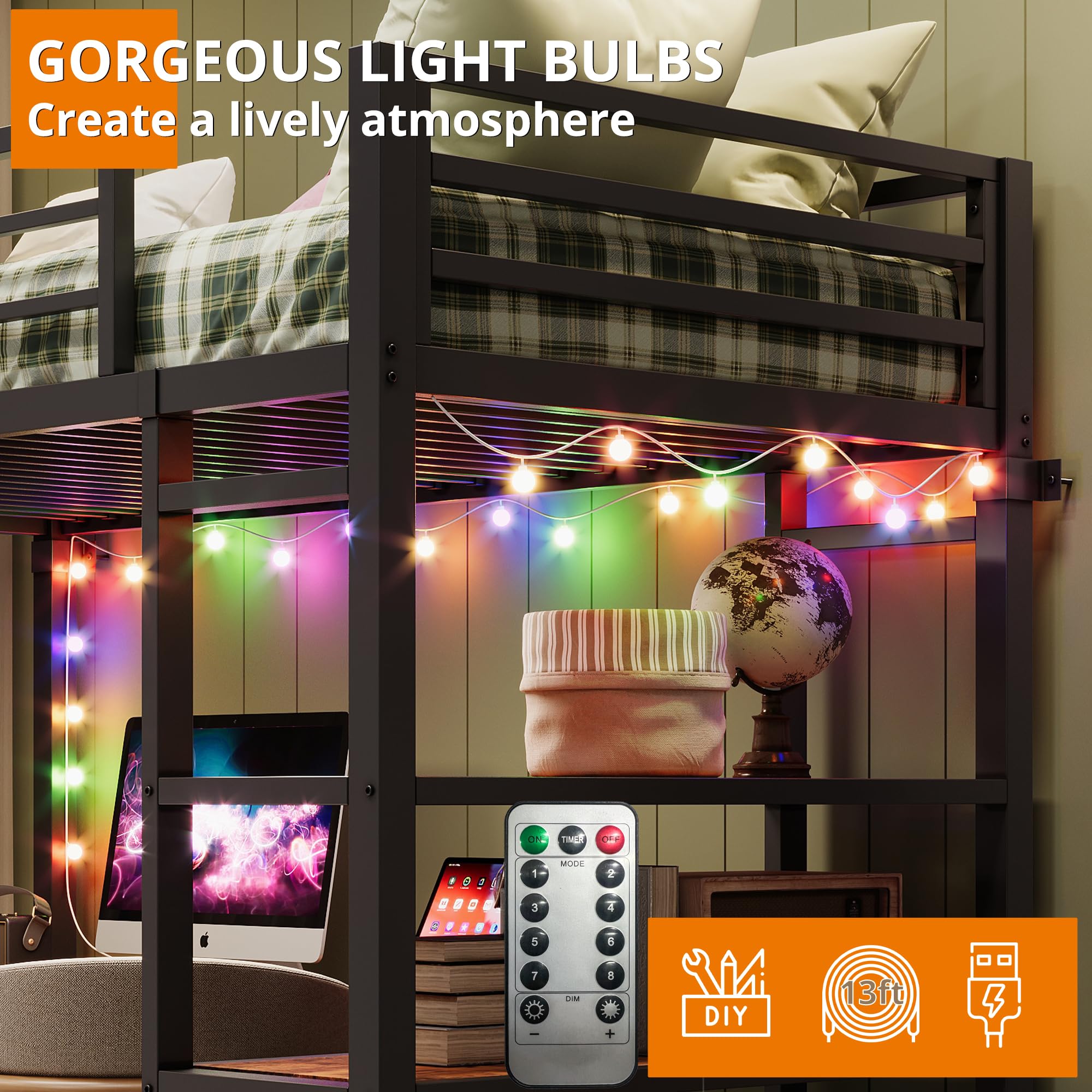 ANCTOR Loft Bed Twin Size with L Shaped Desk and Shelves, Heavy Duty Metal Loft Bed Frame with Power Outlet and LED Lighted, Space-Saving, Noise Free, Brown