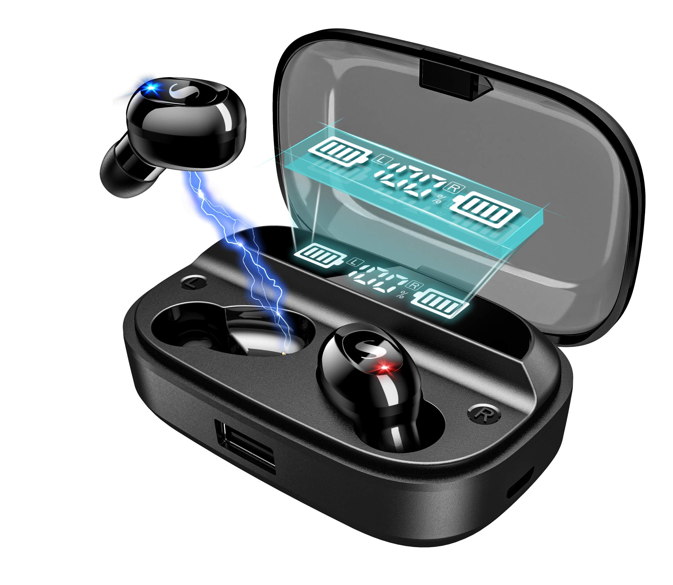 Wireless Earbuds Bluetooth 5.0 with 3000mAh Charging Case LED Battery Display 120H Playtime IPX7 Waterproof TWS Stereo Headphones in Ear Built in Mic Headset Deep Bass Hi-Fi Sound for Sport Black