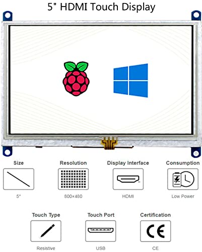 5inch HDMI LCD Resistive Touch Screen LCD, 800x480 Supports Raspberry Pi 4B/3B+/3B/2B/B+/A+/Zero/Zero W,Windows 10/8.1/8/7, BB Black, as Well as General Desktop Computers